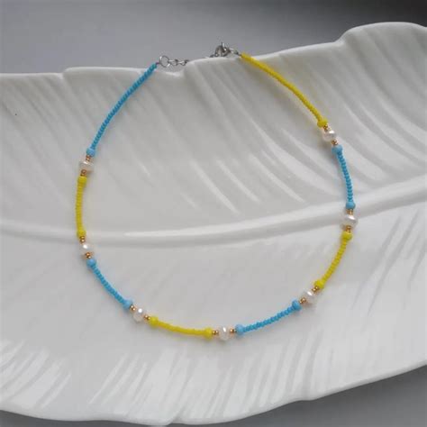 Чокер жовто блакитний з бісеру та перлин Perline