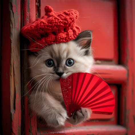 Kitten Wearing Chinese Costume With Cap Holding A Chinese Red Traditional Fan With Ancient