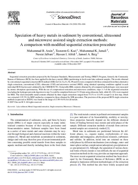 Pdf Speciation Of Heavy Metals In Sediment By Conventional Ultrasound And Microwave Assisted
