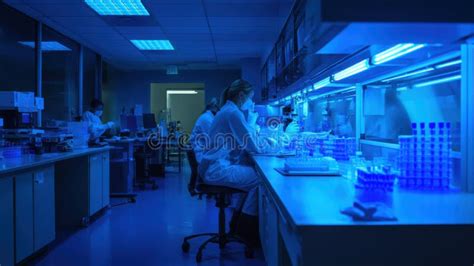 Three Scientists In Lab Coats Are Working In A Lab With A Blue Light