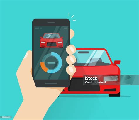 스마트 자동차와 스마트폰 대시보드 시스템 데이터 벡터 일러스트 레이 션 자동 진단 애플 리 케이 션 핸드폰 자동차 제어 기술에 연결 된 평면 만화 휴대 전화 문에 대한 스톡