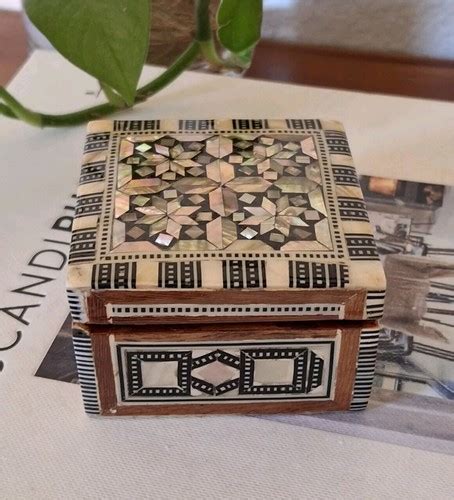 Egyptian Inlaid Mother Of Pearl Abalone Jewelry Square Box Handmade 3