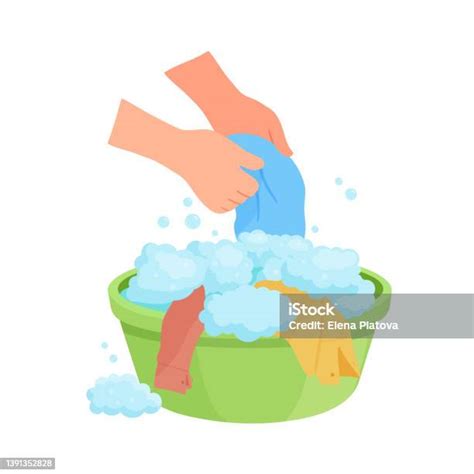 흰색에 고립 된 비누 거품으로 세면대에서 손으로 옷을 씻는 벡터 일러스트 레이 션 가사 집안일에 대한 스톡 벡터 아트 및 기타 이미지 가사 집안일 가정 생활 개념