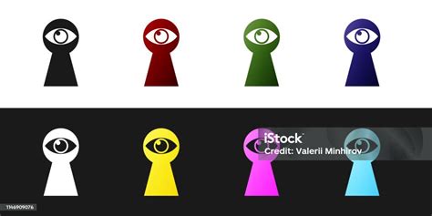 검은 색과 흰색 배경에 고립 된 눈 아이콘으로 열쇠 구멍을 설정 합니다 눈은 열쇠 구멍으로 보입니다 열쇠 구멍 아이 홀 벡터 일러스트 감시에 대한 스톡 벡터 아트 및 기타