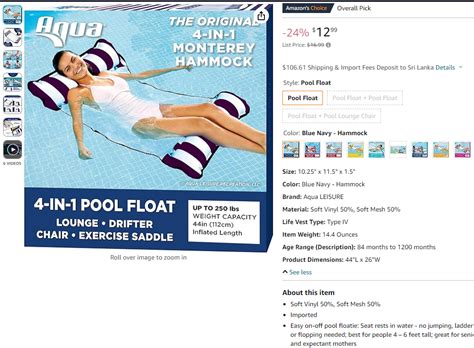 Aqua Original 4 In 1 Monterey Hammock Pool Float And Water Hammock