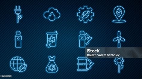 기어 기계 풍력 터빈 재활용 물병 전기 절약 플러그 잎 재활용 플라스틱 병 및 구름 비 아이콘에 라인 잎 공장을 설정하십시오