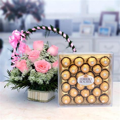 Ferrero And Rose Basket Flowers Chocolates