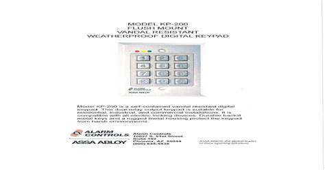Pdf · Vandal Resistant Weatherproof Digital Keypad Model Kp 200 Is A Self Contained Vandal