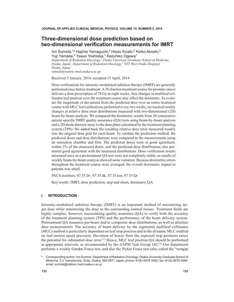 Pdf Three Dimensional Dose Prediction Based On Two Dimensional Verification Measurements For Imrt