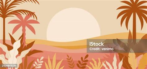 트렌디 한 평면 및 선형 스타일의 벡터 일러스트 레이 션 텍스트에 대한 복사 공간이있는 배경 식물 나뭇잎 야자수 및 하늘 해변 풍경 배너 인사말 카드 포스터 및 광고 배경