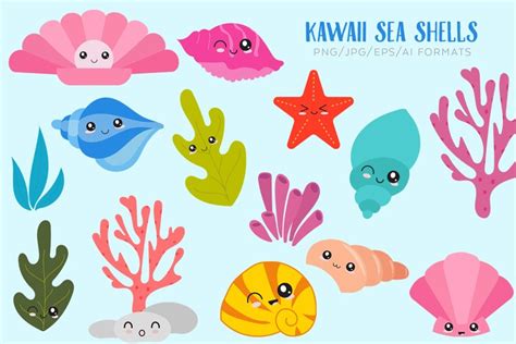 Kawaii Seashells Vector Clipart