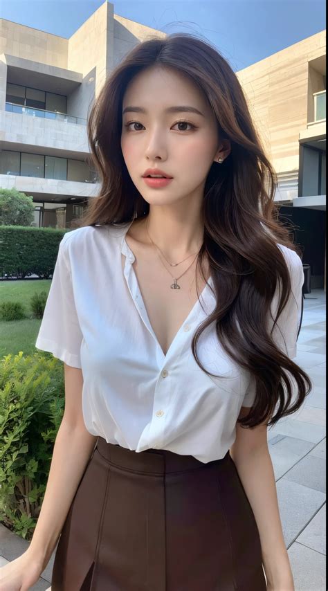 흰 셔츠와 갈색 치마를 입고 사진을 찍고 있는 여자 Seaart Ai