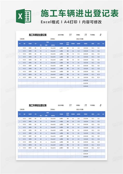 施工车辆进出登记表Excel模板下载 熊猫办公