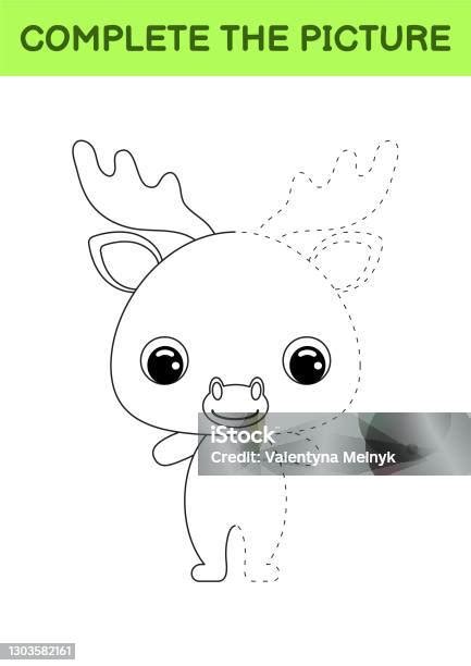 귀여운 사슴의 완전한 그려진 그림 색칠 공부 점 복사 게임 필기 연습 그리기 기술 훈련 인쇄 가능한 워크시트 를 개발하는 교육 활동 페이지입니다 벡터 그림입니다 교육에 대한