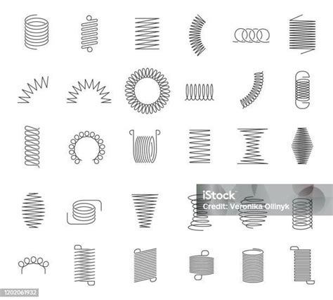 금속 나선형 스프링입니다 금속 코일 모터 기계 나선형 기호 와이어 스프링 및 강철 곡선 유연한 코일 선형 나선형 실루엣 격리 벡터 아이콘 세트 강철에 대한 스톡 벡터 아트