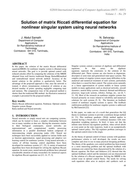 Pdf Solution Of Matrix Riccati Differential Equation For Nonlinear Singular System Using