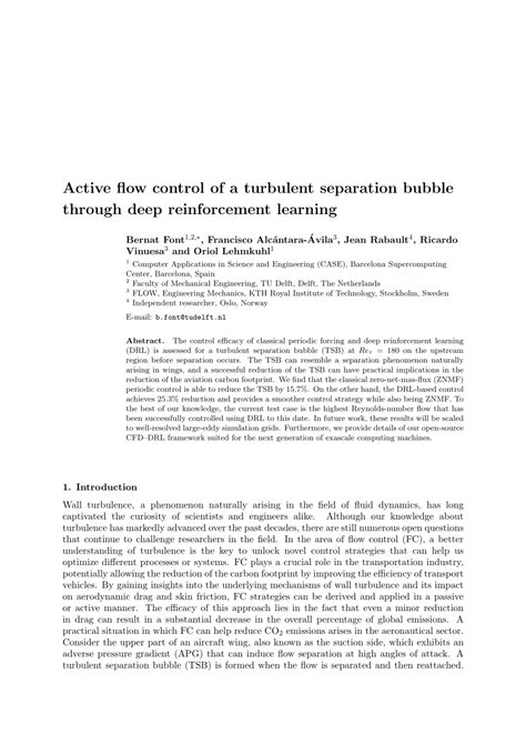 Pdf Active Flow Control Of A Turbulent Separation Bubble Through Deep Reinforcement Learning