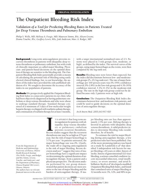 Pdf The Outpatient Bleeding Risk Index Validation Of A Tool For Predicting Bleeding Rates In