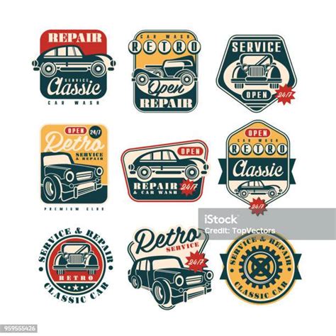 자동차 서비스 및 수리 빈티지 스타일 레이블을 설정 자동 흰색 배경에 워시 레트로 클래식 배지 벡터 일러스트 0명에 대한 스톡 벡터 아트 및 기타 이미지 Istock