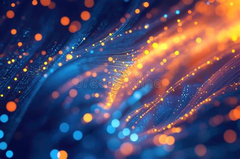 Abstract Glowing Particle Streams Digital Light Trails Blue And Gold Glittering Bokeh Stock