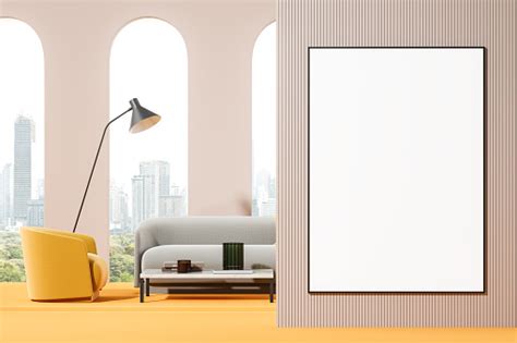 벽에 빈 포스터가 있는 인테리어 현대적인 가구 창문을 통한 도시 전망 3d 렌더링 0명에 대한 스톡 사진 및 기타 이미지 0명 3차원 형태 가구 Istock