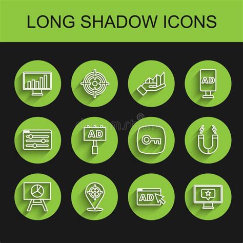 Set Line Board With Graph Chart Target Monitor Advertising Star Magnet And Key Icon Vector