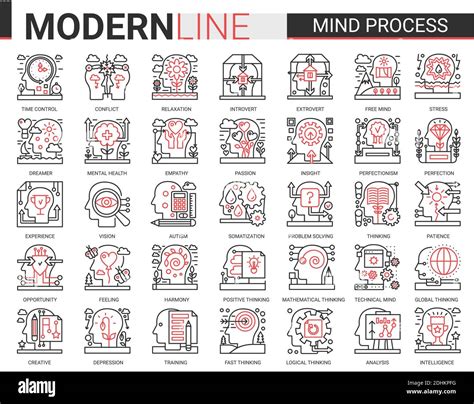 Mind Process Complex Line Icon Vector Illustration Set Red Black Thin