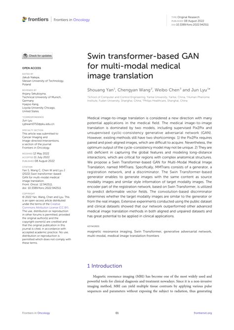 Pdf Swin Transformer Based Gan For Multi Modal Medical Image Translation