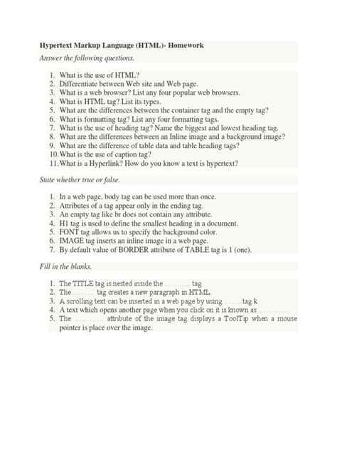 Answer The Following Questions Hypertext Markup Language Html Homework Pdf