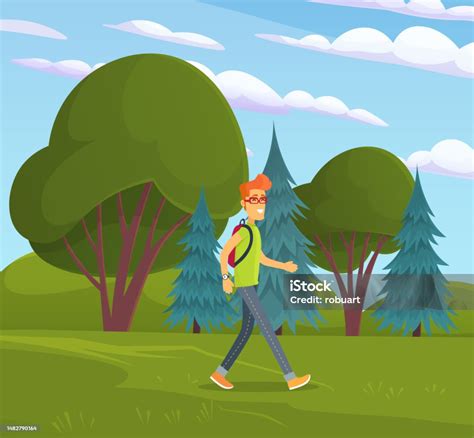 여름 공원이나 숲을 여행하는 남성 캐릭터 배낭을 메고 야외에서 걷는 웃는 남자 걷기에 대한 스톡 벡터 아트 및 기타 이미지