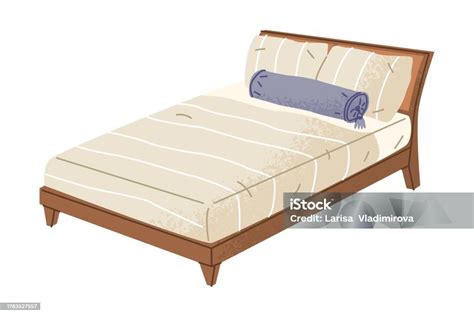 간결한 장식과 긴 보라색 베개가 있는 심플한 나무 더블 침대입니다 침대 시트 침실 장식 아늑한 숙소 인테리어 만화 스타일의 고립 된 벡터 그림입니다 매트리스에 대한 스톡