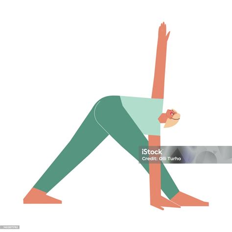 여성 캐릭터가 있는 벡터 일러스트레이션 스포티한 여성은 요가 수업에서 트위스트 자세 Parivrtta Trikonasana를