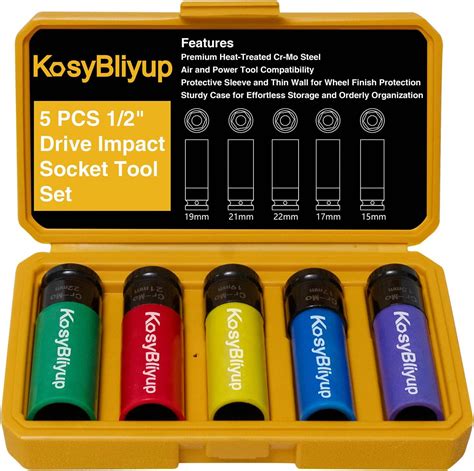 KUNTEC 1 2 Drive Wheel Protector Impact Socket 5Pcs Thin Wall Deep Impact Socket Set Durable