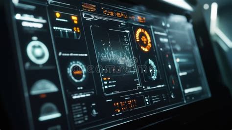 Futuristic Manufacturing Control Panel Showing Various Data And