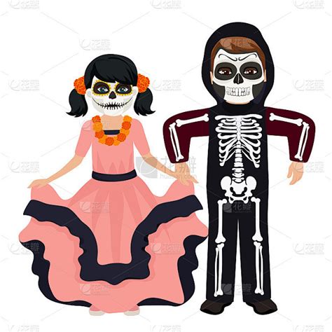 这是缪尔托斯之路。亡灵节或墨西哥节。情侣们庆祝典型的墨西哥节日，穿着特别的服装。矢量插图。