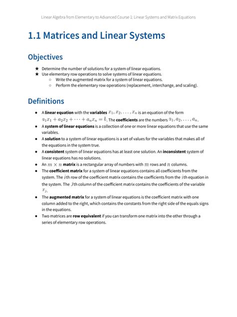 1 1 Matrices And Linear Systems 1 Pdf System Of Linear Equations Matrix Mathematics