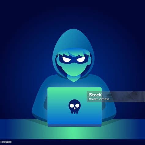 Hacker With Laptop Computer Try To Steal Passwords And Confidential Data Stock Illustration