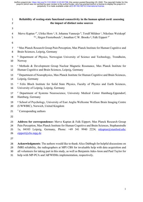 Pdf Reliability Of Resting State Functional Connectivity In The Human Spinal Cord Assessing