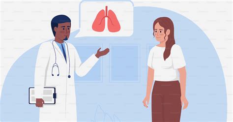 폐 검진을 위해 의사를 방문하는 여성 2d 벡터 격리된 그림 만화 배경에 의료 상담 플랫 캐릭터 모바일 웹사이트 프리젠테이션을 위한 병원 다채로운 장면 벡터