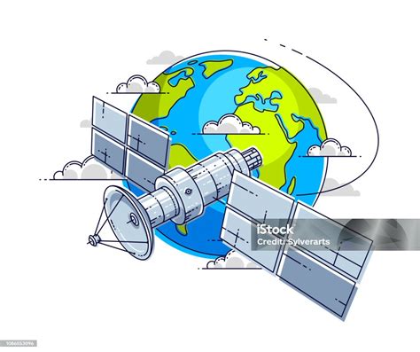 통신 위성 궤도 우주선 지구 우주선 우주 정거장 태양 전지 판 및 위성 안테나 접시 주위를 비행 얇은 선 3d 벡터 일러스트입니다 0명에 대한 스톡 벡터 아트 및 기타
