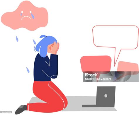 우울한 울고 십대 소녀 메시지 거품에 둘러싸여 노트북바닥에 앉아 사이버 왕따 십대 사춘기 문제 개념 벡터 일러스트 고독 부정적인 감정 표현에 대한 스톡 벡터 아트 및 기타