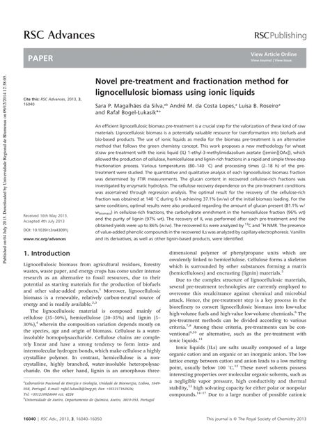 PDF Novel Pre Treatment And Fractionation Method For Lignocellulosic Biomass Using Ionic Liquids