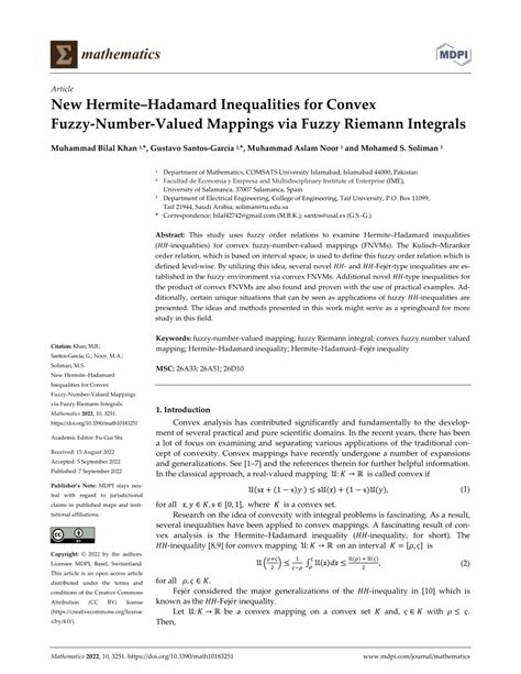 Pdf New Hermite Hadamard Inequalities For Convex Fuzzy Number Valued Mappings Via Fuzzy