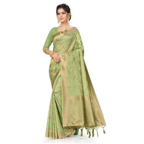 Womens Banarasi Spun Cotton Saree Pista Green56 Mtrs At ₹ 122900
