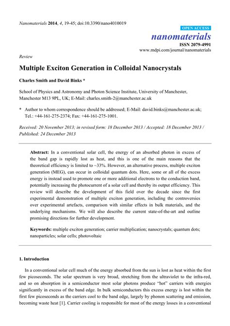 Pdf Multiple Exciton Generation In Colloidal Nanocrystals