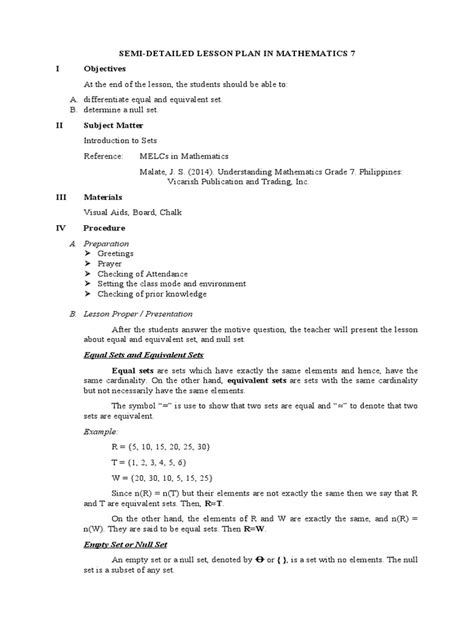 M7 Q1l13 Sets Equal Set And Equivalent Set And Null Set Pdf Set