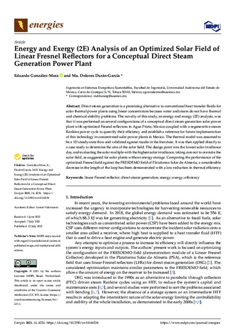 Pdf Energy And Exergy 2e Analysis Of An Optimized Solar Field Of Linear Fresnel Reflectors