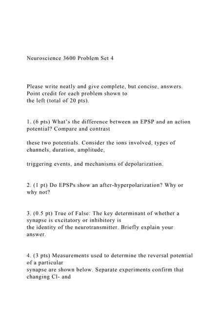 Neuroscience 3600 Problem Set 4 Please Write Neatly Docx