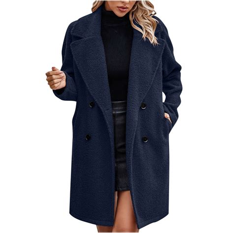 Wreesh Womens Fleece Trench Coats Notched Lapel Double Breasted Pea