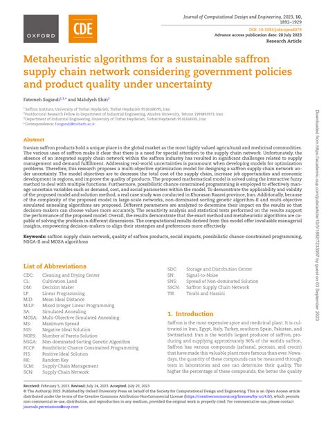 Pdf Metaheuristic Algorithms For A Sustainable Saffron Supply Chain